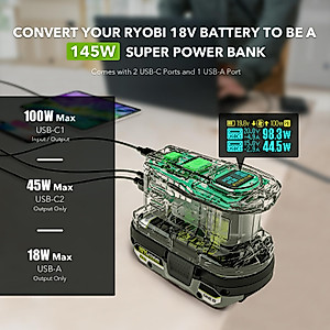 SYMIK 100W Charger & 145W Power Source for Ryobi 18V Batteries, Advanced Two-Way Charger & Portable Power Source w/OLED Screen for Ryobi 18 Volt Li-ion, 2 USB-C & 1 USB-A Port, LED Task Light (PSC)