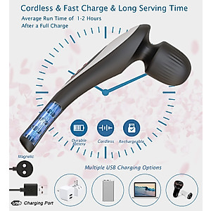 Roysmart Personal Handheld Vibrating Massager-Cordless Electric Muscle Deep Tissue Massager for Neck Back Shoulder Foot, Portable Seven Wand Massager for Full Body (Black)