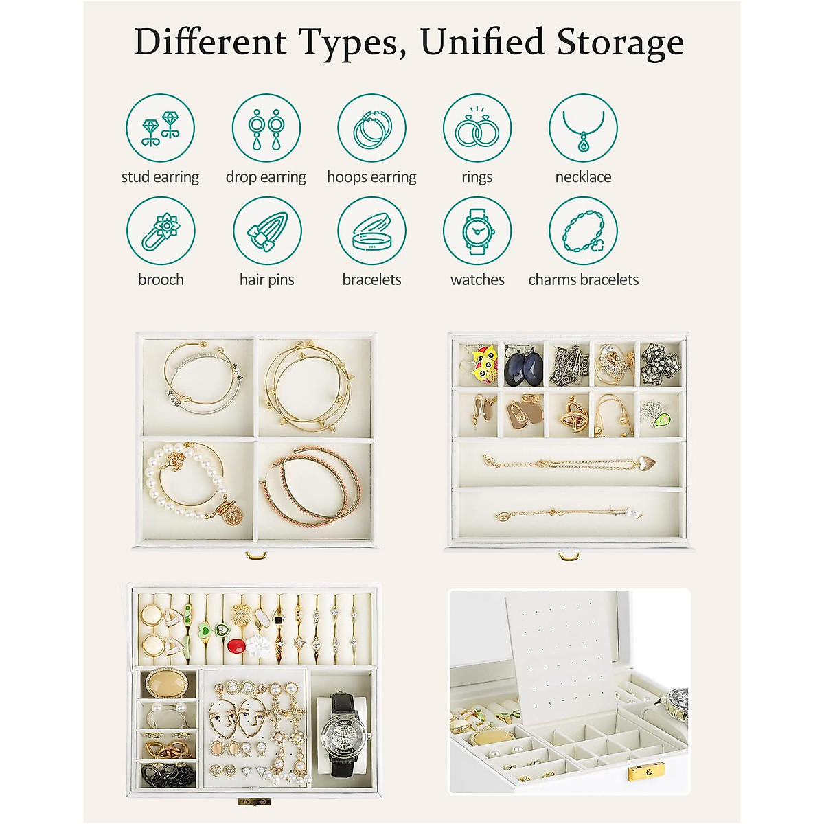 SIMBOOM Jewelry Boxes for Women with Glass Lid Top 3-Layer Jewelry Organizer Box 2 Drawers with Lock&Key for Earring Ring Necklace Bracelet Watch Christmas Valentin’s Day Gift Present for Her Wrapped in Box