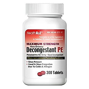 HealthA2Z Decongestant PE 300 Counts | Phenylephrine HCl 10 mg | Maximum Strength | Non Drowsy Nasal & Sinus Congestion Relief Due to Cold & Allergies