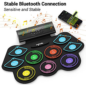 PAXCESS Portable 9 Pad Roll-Up Electronic Drum Set with Realistic Sounds, Foot Pedals, Drumsticks, Built-In Speaker, and Rechargeable Battery