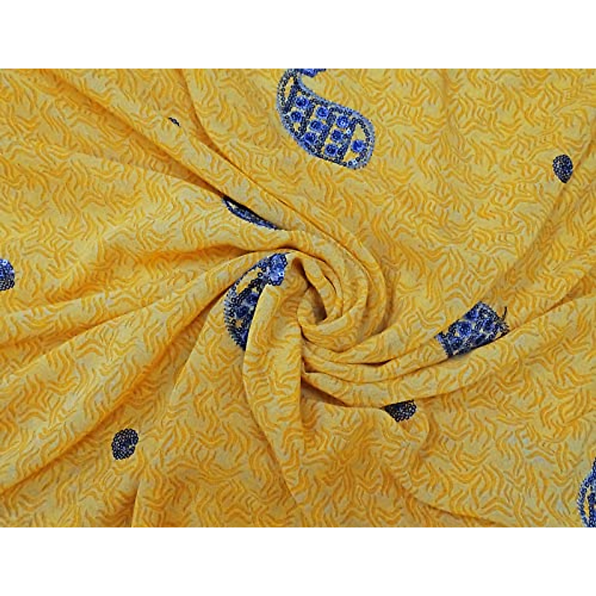Peegli Indian Vintage Yellow Saree Paisley Pattern Sequins Work Sari Georgette DIY Craft Fabric