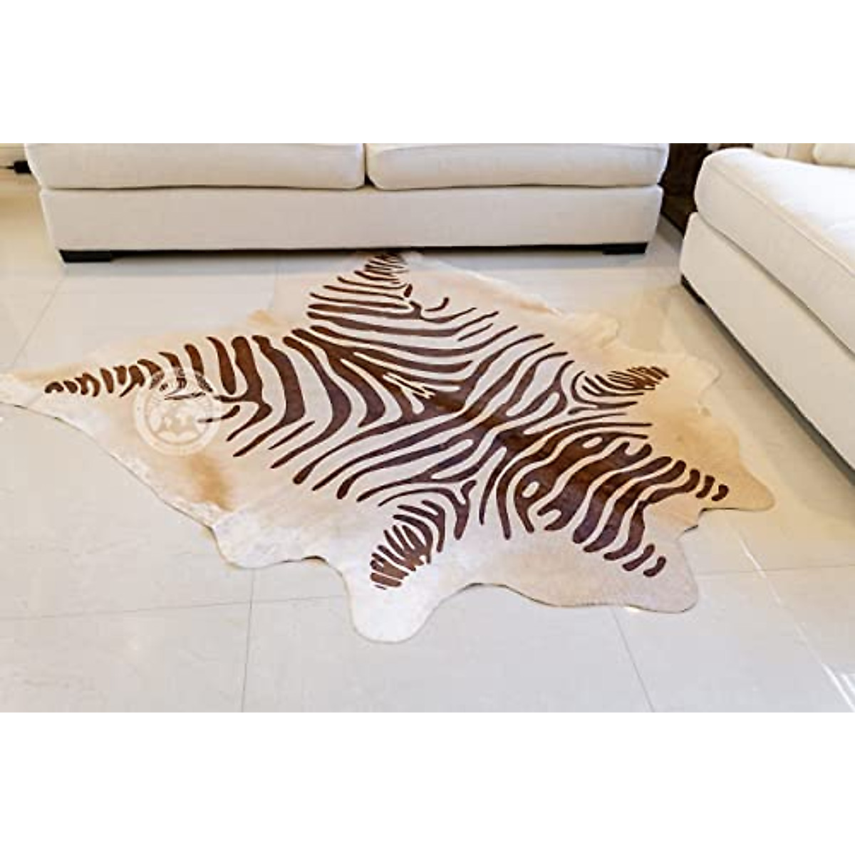 Zebra Print Brown on Beige Genuine Cowhide Rug Size 6 x 7 ft. 180 x 210 cm