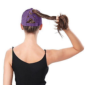 Womens Criss Cross Ponytail Baseball Cap Distressed Ponytail Hat High Messy Bun Ponycap Outdoor Sports Dad Hat Purple