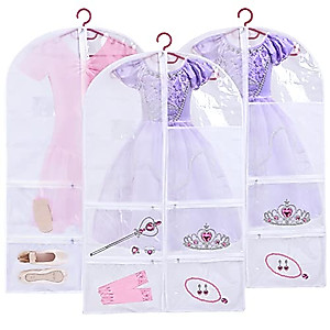 Kids Garment Bags for Dance Costumes, Hanging Dance Garment Bag with Multiple Pockets, Clear Storage Bags Organize Girls Dance Competitions Dress, Dance Recitals, Ballet Costume, Beauty Pageants, 3Pcs