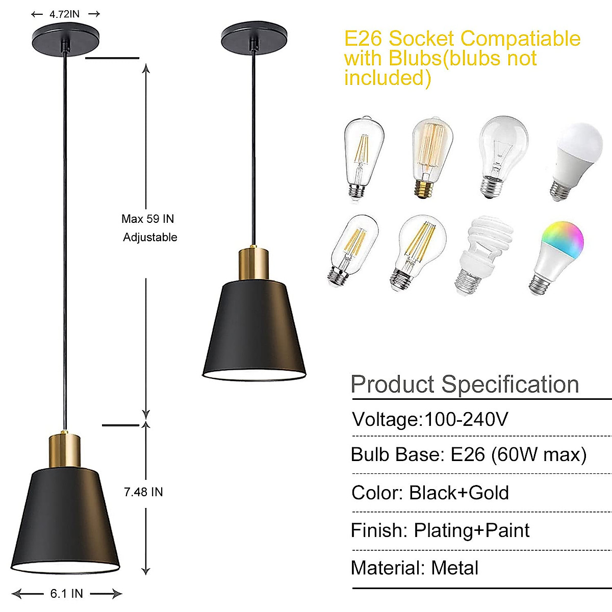 Yollzey Black Pendant Light Kitchen Island Mini Pendant Lighting with 59in Cord Industrial Modern Hanging Ceiling Light for Kitchen Dining Room,Foyer,Hallway,Bar,Sink(1 Pack)