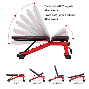 DERACY Adjustable Weight Bench for Full Body Workout, Incline and Decline Weight Bench for Indoor Workout, Home Gym (Red)
