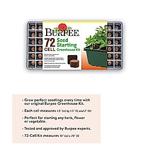Burpee Greenhouse Indoor Starting Herbs, Flowers and Vegetables | Includes Dome, Watering, Seed Starter Tray, Coir Pellets | 10" W x 20" L x 5" H, One Size, 1 Kit (72 Cells)