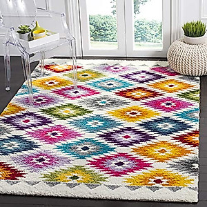 SAFAVIEH Fiesta Shag Collection 3' x 5' Cream / Multi FSG374A Modern Non-Shedding Living Room Bedroom Dining Room Entryway Kids Area Rug