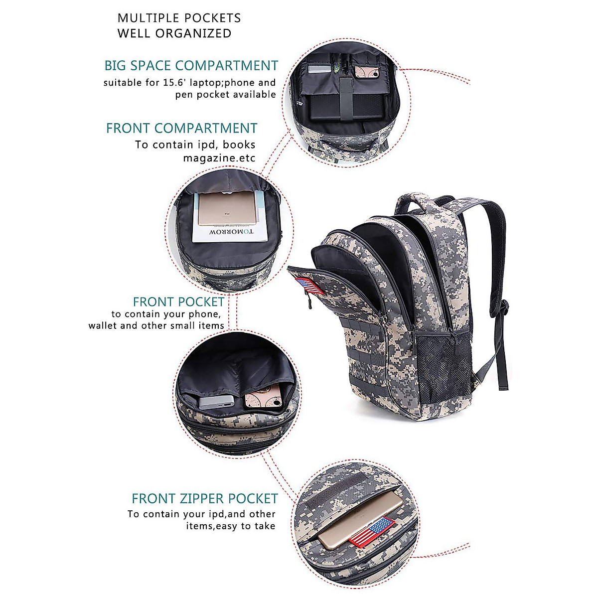 Camo Backpack, 40L Boys Backpack for School, Camouflage MOLLE Bookbag with USB Charging Port