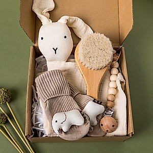 Baby Gift, Baby Baptism Gift, Newborn Baby Gift Set for Boy, Girl or Gender Neutral, Baby Shower with 4 PCS- Brush, Lovey Blanket, Baby Socks and Silicone Pacifier Clip