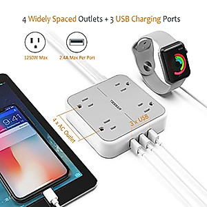 Power Strip with 3 USB Ports, TESSAN 5 ft Extension Cord Flat Plug with 4 Outlets, Indoor Desk Charging Station, Mountable Compact for Travel, Cruise Ship, Office, School, Dorm Room Essentials Gray