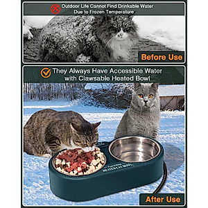 Clawsable Heated Water Bowl for Outdoor Cats with Removable Stainless Bowls, Coldproof & BPA Free, Waterproof Heated Pet Bowl Heater for Chickens Rabbit, Heated Bird Bath for Winter (27 oz)