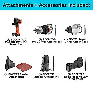 BLACK+DECKER MATRIX 20V MAX Power Tool Kit, Includes Cordless Drill, 8 Attachments and Storage Case (BDCDMT1208KITC1)