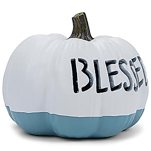 Elanze Designs Blessed White Teal Dip 8 inch Resin Stone Light Up Harvest Pumpkin