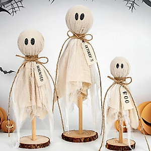 DAZONGE Halloween Decorations Indoor - Set of 3 Primitive Halloween Ghosts on Wooden Stand for Table Centerpieces, Shelves, and Mantels - Spooky Halloween Decor