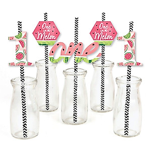 Big Dot of Happiness 1st Birthday One in a Melon - Paper Straw Decor - Fruit First Birthday Party Striped Decorative Straws - Set of 24