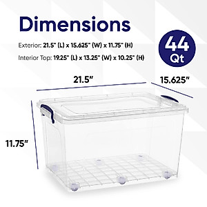 Superio 44 Qt Clear Plastic Storage Bin with Lid and Wheels, Non-Toxic, BPA Free, Odor Free, Organizer Storage Box, Stackable Plastic Tote for Home, Garage, Closet