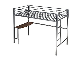 BOVZA Twin Size Loft Bed with Desk, Metal Bed Frame with Ladder and Guardrails, for Kids Teens Adults, Silver