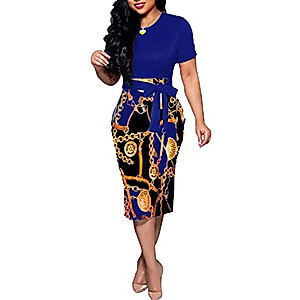 Midi Floral Bodycon Dress Cute Casual Church Dress Blue L