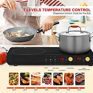 COOKTRON Portable Induction Cooktop 2 Burner with Removable Iron Cast Griddle Pan Non-stick, 1800W Double Induction Cooktop with Child Safety Lock & Time, Great for Family Party