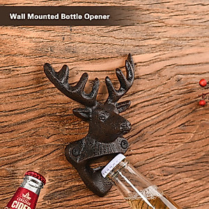 Sungmor Wall Mounted Bottle Opener, Cast Iron Cool Deer Head Bottle Opener, Beer Coke Beverage Bottle Cap Opener, Vintage Rustic Style Wall Hanging Opener, Bar Farmhouse Wall Ornament, Practical Gift