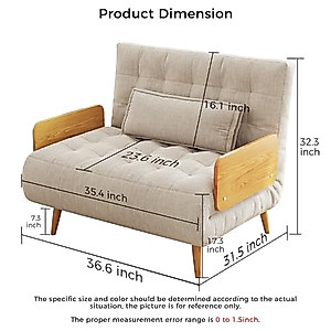 JASIWAY 3-in-1 Convertible Chair Bed Sleeper for Adults, Linen Convertable Sleeper Chair with Wooden Arms & Pillows, Foldable Single Futon Sofa Bed for Small Spaces, Mid Century, 76.6" D x 36.6" W