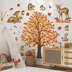 Mirabuy Large Autumn Fall Maple Tree Wall Decals Woodland Animals Creactures Mushroom Wall Stickers for Autumn Party Decorations Bedroom Living Room Wall Decor