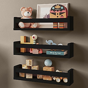 NATURE SUPPLIES Nursery Book Shelves, Set of 3 Floating Bookshelves for Wall for Nursery Decor & Playroom Decor, Book Shelf Wall, Wall Bookshelf Kids, Baby Book Shelf Organizer for Kids (Black)