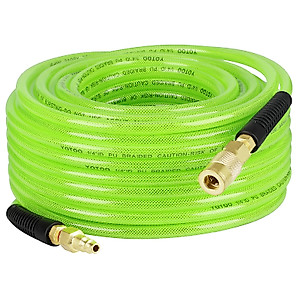 YOTOO Reinforced Polyurethane Air Hose 1/4" Inner Diameter by 100' Long, Flexible, Heavy Duty Air Compressor Hose with Bend Restrictor, 1/4" Swivel Industrial Quick Coupler and Plug, Green