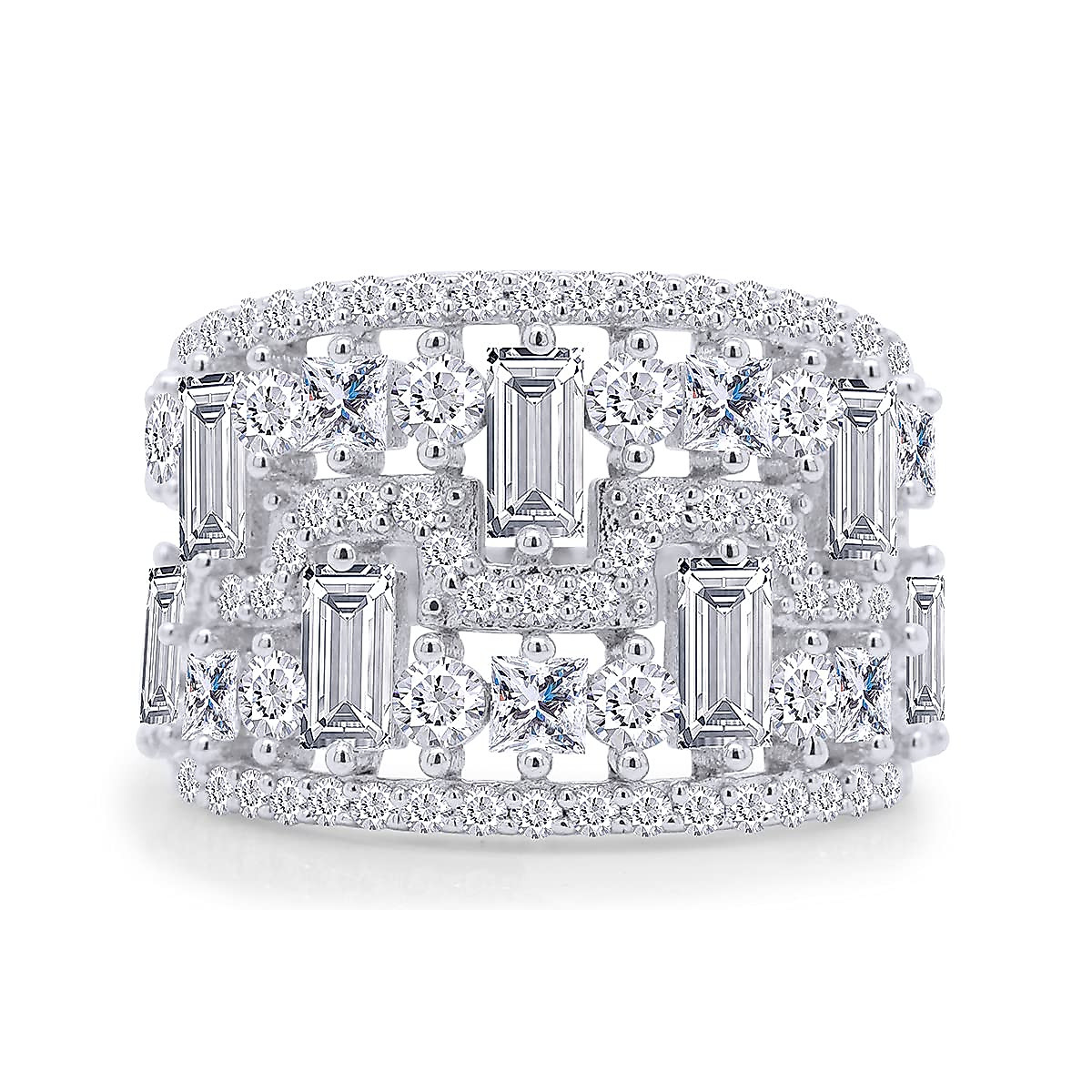 AFFY 5.42CTW Princess Cut, Baguette And Round White Simulated Diamond Cluster Engagement Statement Ring In 14k White Gold Plated 925 Sterling Silver For Women Size-5