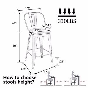 Alunaune 30" Swivel Metal Bar Stools Set of 4 High Back Counter Height Barstools Industrial Dining Bar Chairs with Large Wooden Seat-Matte Black
