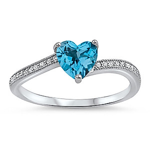 925 Sterling Silver Faceted Natural Genuine Sky Blue Topaz Heart Promise Ring Size 7