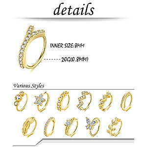 Akeoqi 12Pcs Nose Ring Hoop Cartilage Earring Cute Leaf Star CZ Butterfly Paved Nose Piercing Jewelry 20G for Women men Gold Tone