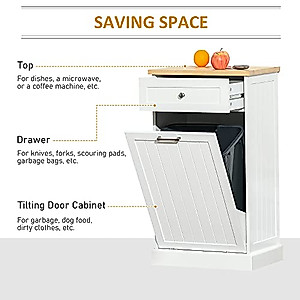 HOMCOM Kitchen Tilt Out Trash Bin Cabinet Free Standing Recycling Cabinet Trash Can Holder with Drawer, White Oak