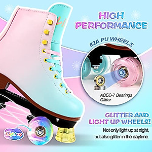 LIKU Quad Roller Skates for Girl and Women with All Wheel Light Up,Indoor/Outdoor Lace-Up Fun Illuminating Roller Skate for Kid (Pink&Blue, 1-2)