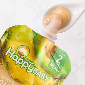 Happy Baby Organics Stage 2 Baby Food Pouches, Gluten Free, Vegan & Healthy Snack, Clearly Crafted Fruit & Veggie Puree, Bananas, Pineapples, Avocado & Granola, 4 Ounces (Pack of 16)
