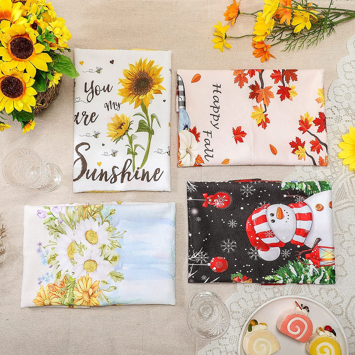 Batiyeer 4 Pcs Seasonal Holiday Kitchen Towels Valentine's Day Gifts for Woman Spring Daisy Sunflower Dish Towels Fall Snowman Towel for Holidays Harvest Thanksgiving Autumn Holiday Gift