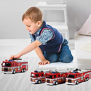 CORPER TOYS Toy Fire Truck, 3 Pack Firetruck Toys Set with Extending Rescue Rotating Ladder Water Gun Lights and Siren Sounds, Pull Back Alloy Car Toys for Toddlers Boys Girls Kids Gift