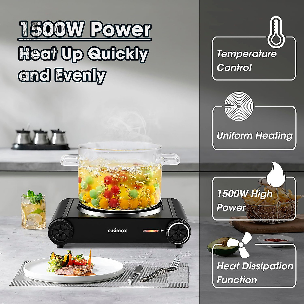 CUSIMAX Hot Plate,1500W Electric Portable Cast Iron Stove with Temperature Controls,Hot Plates for Cooking,Compatible for All Cookwares,Concealed Handle,Easy to Clean