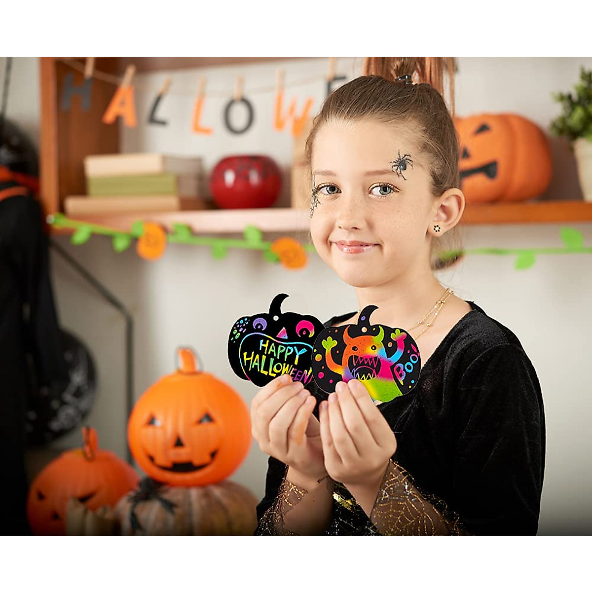 WaaHome Halloween Thanksgiving Scratch Art Crafts for Kids 24pcs Pumpkin Rainbow Scratch Art Paper for Kids School Classroom Game DIY Crafts Halloween Thanksgiving Fall Party Decorations Favors