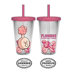 Official Rick and Morty Plumbus Travel Tumbler with Reusable Straw and Lid 16 oz With 5 Plumbus Plastic Ice Cubes, Tiki Style, Double Wall, Soda Beer Juice Drinking cup, BPA Free By JustFunky