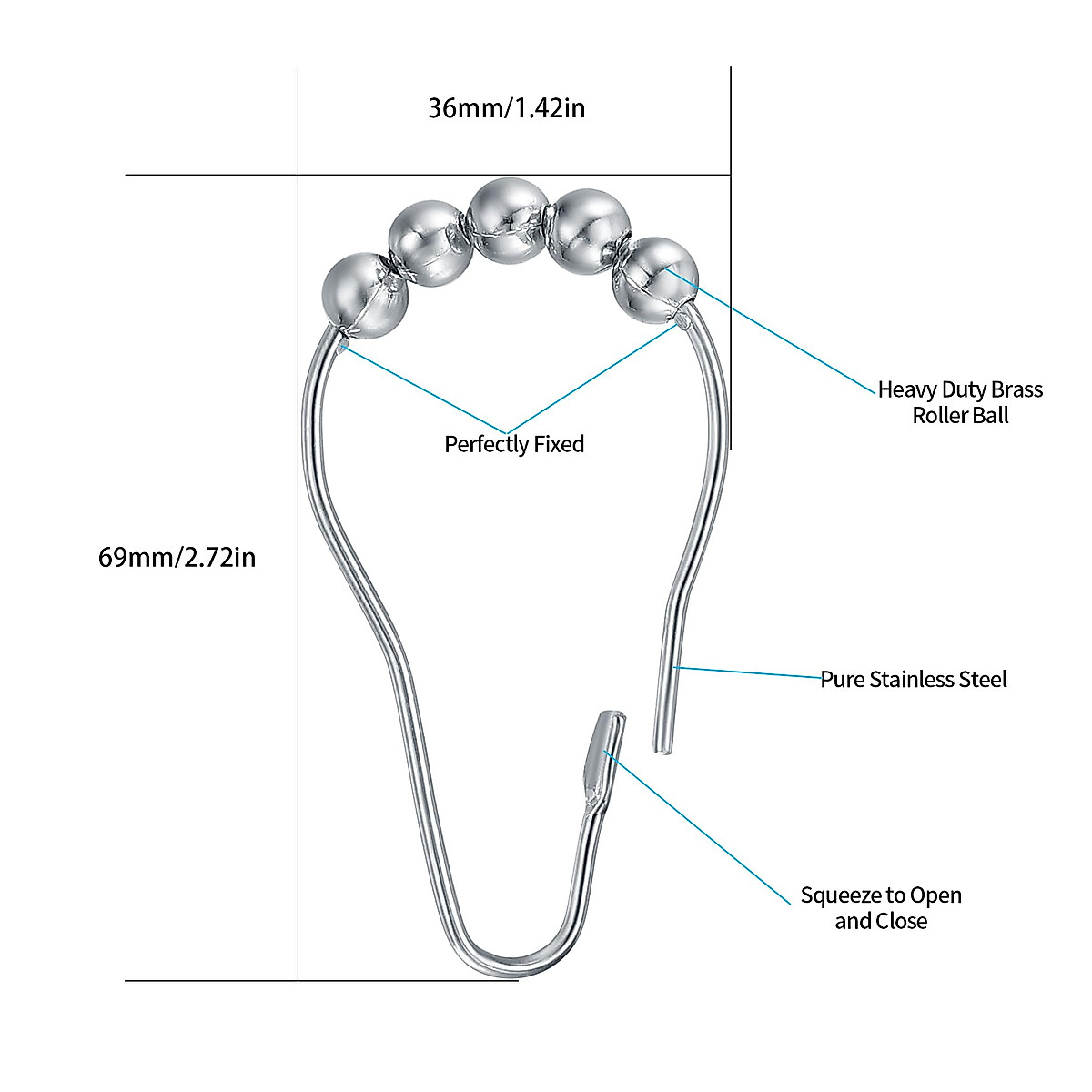 12 Pcs Shower Curtain Hooks Rings, Iron Decorative Rolling Balls Shower Curtain Rod Rings, Shower Curtain Rings for Bathroom Shower Curtain Liner Curtains, Shower Rods Hooks Rings