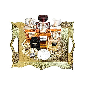 ChanceGift Turkish Tea Coffee Beverage Dinning Gold Serving Tray and Platters with Handled Ottoman Motif Decorative Middle Table Rectangular (16.1x11.6x1Inc) 40x29.5x2cm
