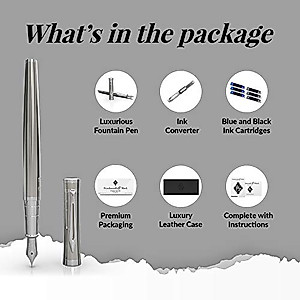 Wordsworth & Black Fountain Pen Set, Medium Nib, Includes 24 Ink Cartridges and Ink Refill Converter, Gift Case, Journaling, Calligraphy, Smooth Writing Pens [Silver Chrome] Perfect for Men and Women