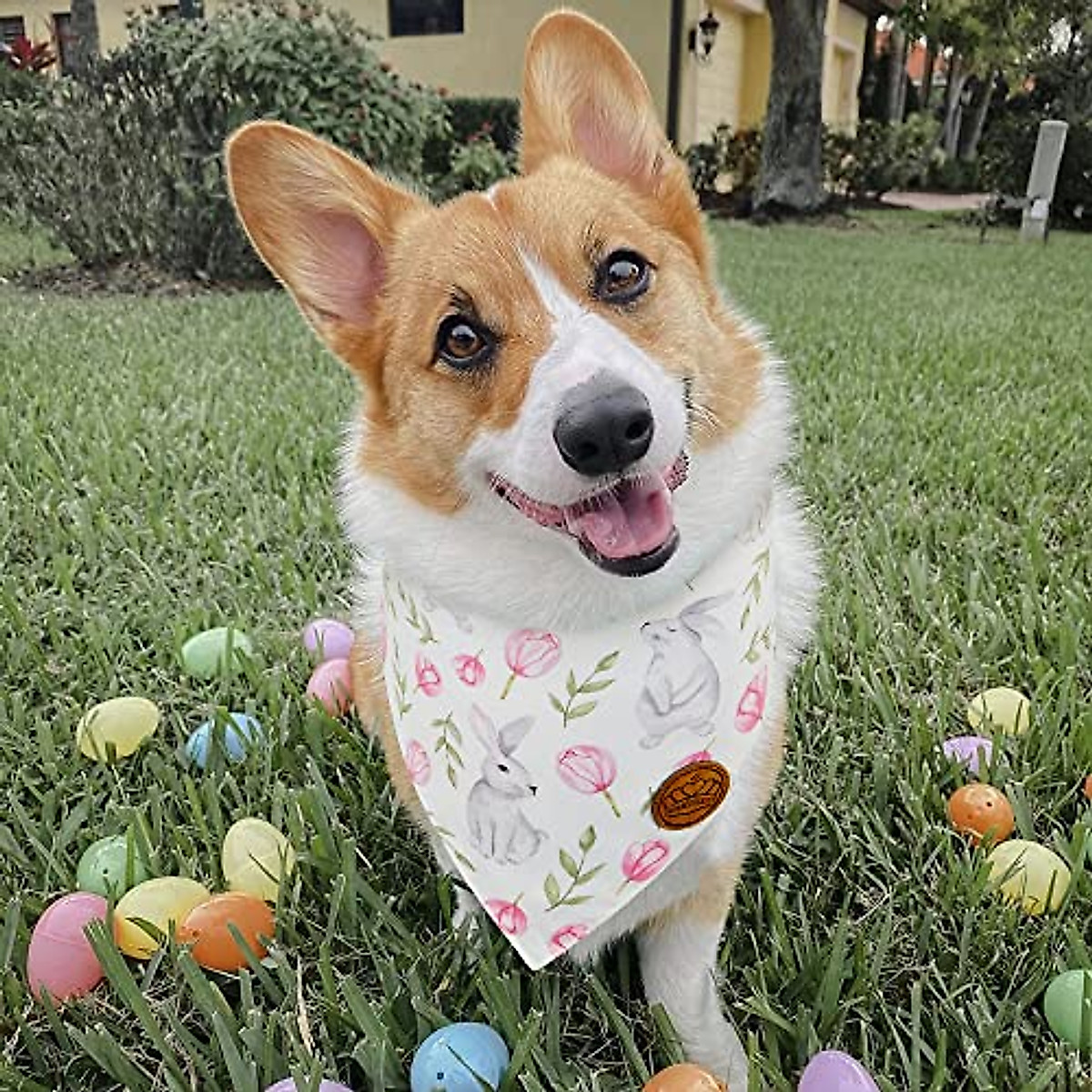 Crowned Beauty Easter Dog Bandanas Large 2 Pack, Bunnies Tulips Set, Plaid Adjustable Triangle Holiday Reversible Scarves for Medium Large Extra Large Dogs Pets