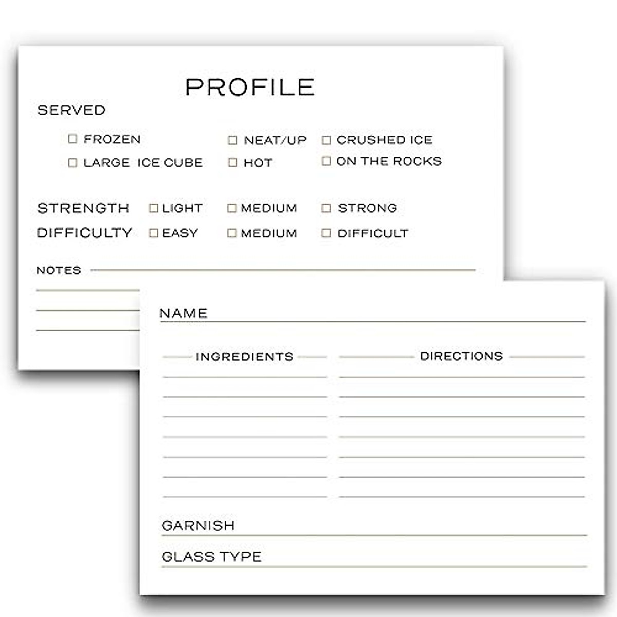 48 Cocktail Recipe Cards, 4 x 6 inches, Double Sided for Bartenders, Drinks and Mixology