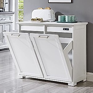 OLD CAPTAIN Double Tilt Out Trash Cabinet, Wooden Kitchen Garbage Can Free Standing Holder (White)