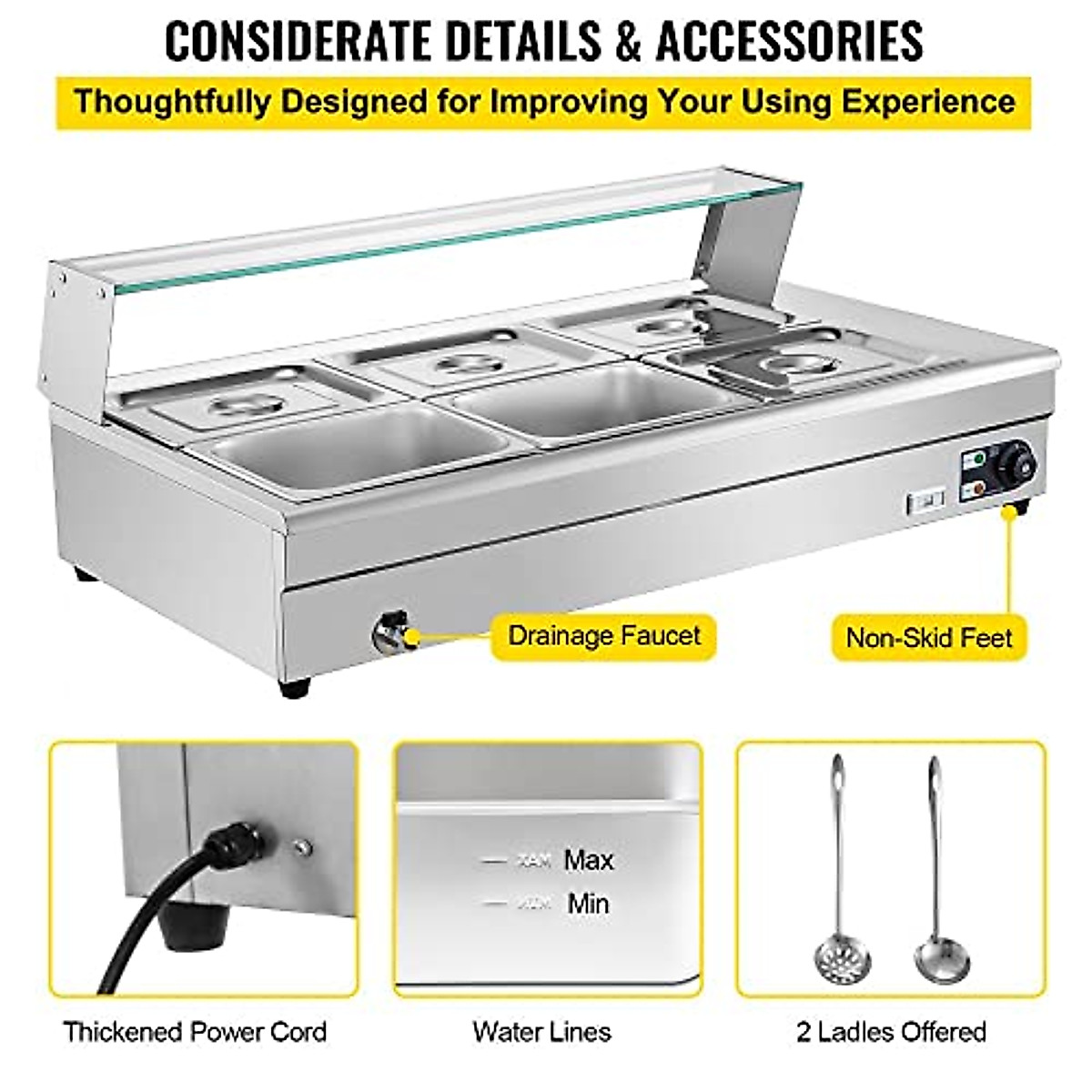 110V Electric Countertop Food Warmer - 6 Pan x 1/2 GN, Commercial Food Steam Table with 6-Inch Deep Pans, Food Grade Stainless Steel, 1500W, 66 Quart Capacity, Tempered Glass Shield