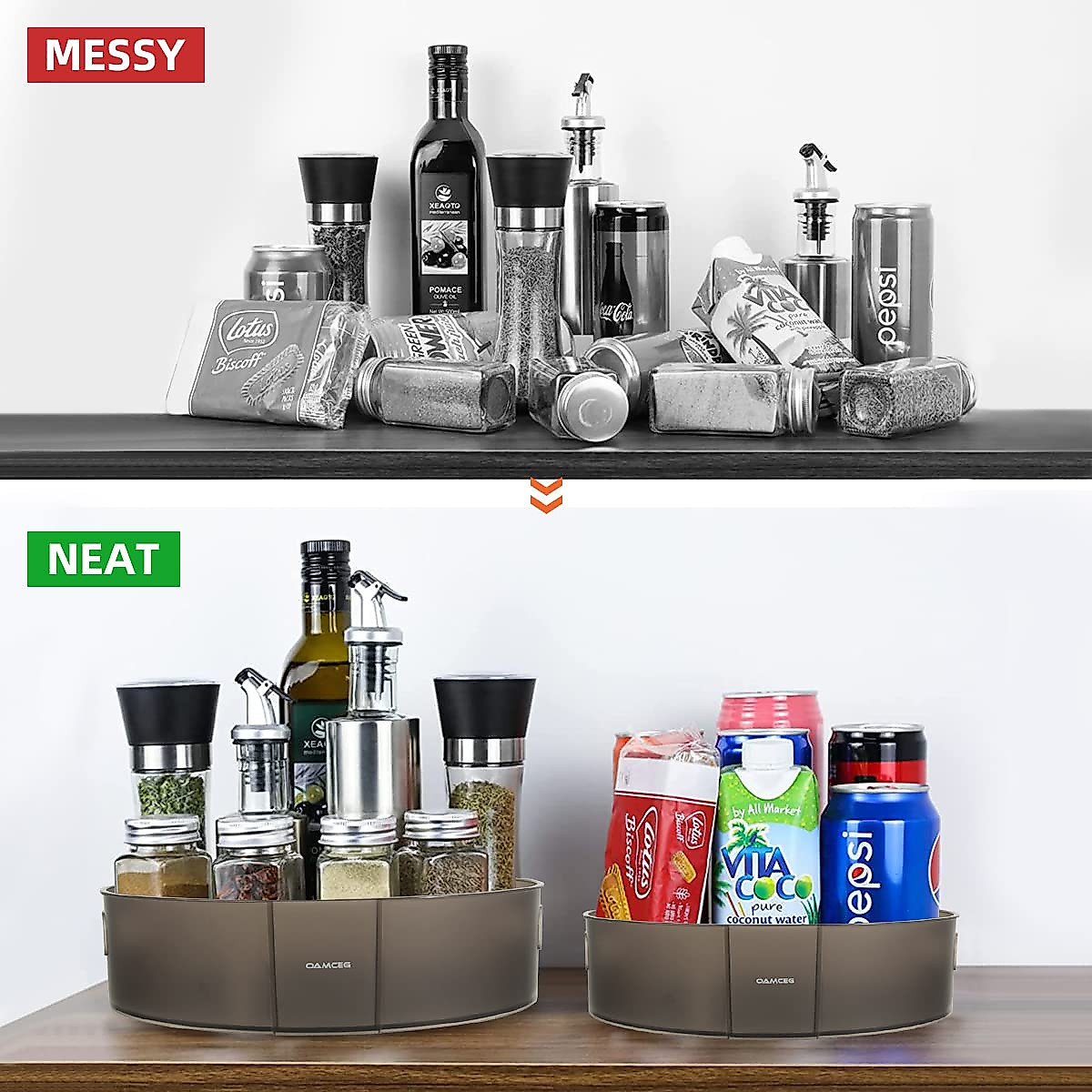 2 Pack Lazy Susan Organizers - OAMCEG 360 Rotating Lazy Susan Spice Rack Turntable, Large Plastic Organizer and Storage for Cabinet, Fridge, Pantry, Bathroom, Countertop (10in & 12in, Round, Grey)